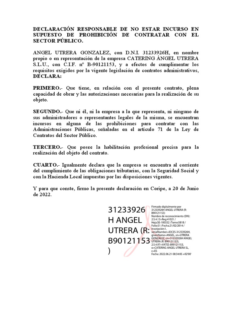 Declaración Responsable de No Estar Incurso en Supuesto de Prohibición de Contratar Con El ...