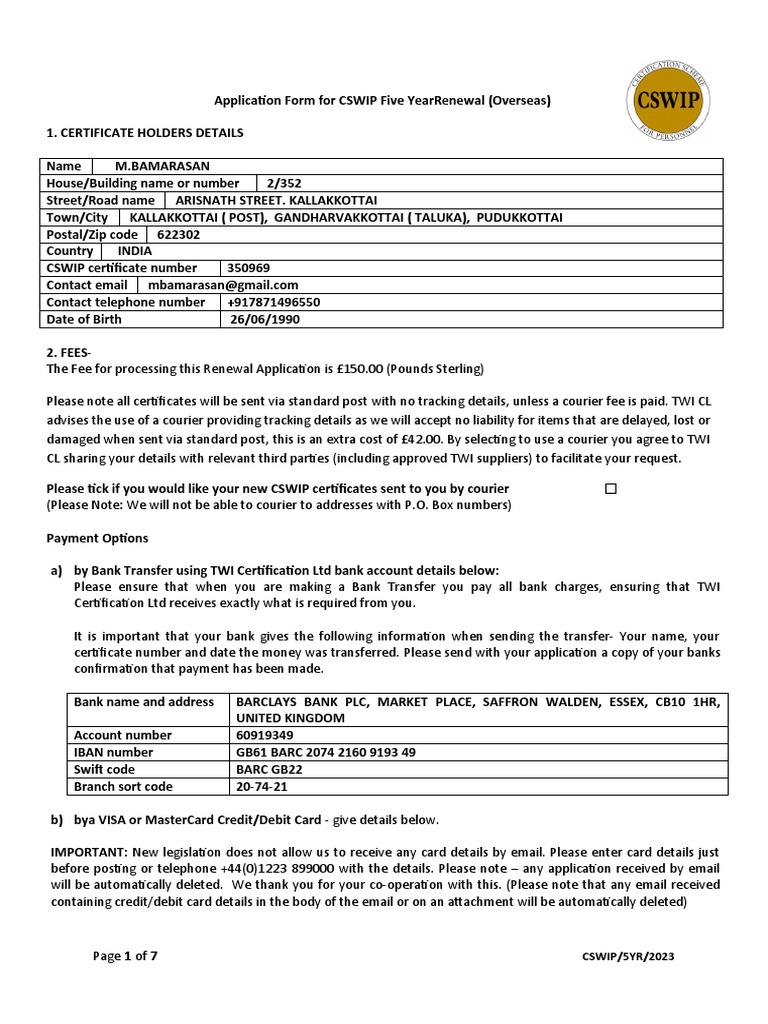 Application Form For CSWIP 5 Year Renewal (Overseas) - v3 1 | PDF ...