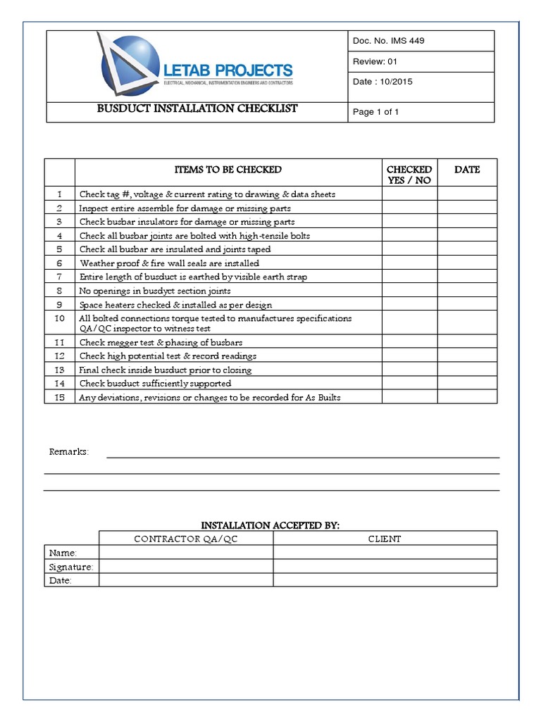 Busduct Installation Checklist | PDF