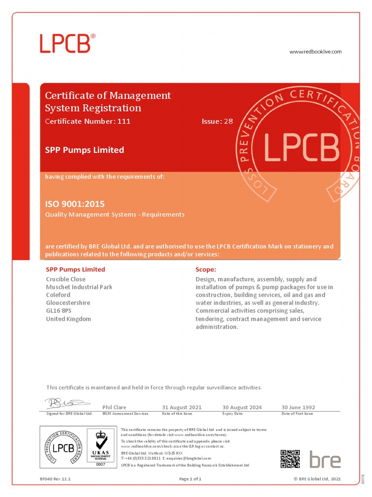 ISO 9001 - C111-28 SPP Pumps Limited Certificate | PDF | Iso 9000 ...