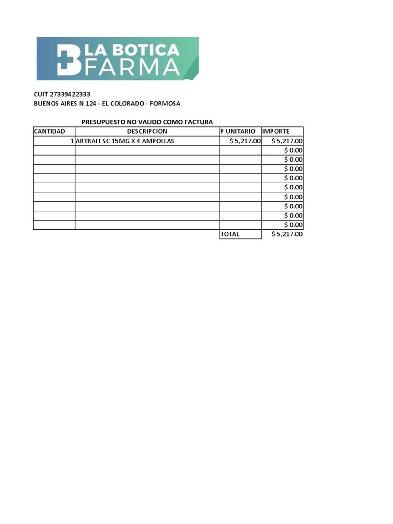 Presupuesto Artrait SC 15mg Formosa | PDF