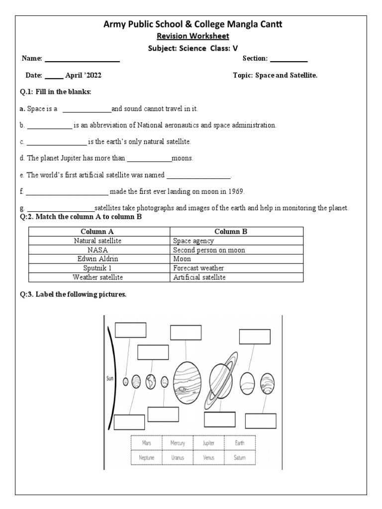 Class 5 Science: Space & Satellites Worksheet | PDF | Satellite | Nasa