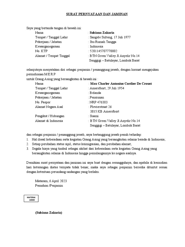 Surat Pernyataan Dan Jaminan | PDF
