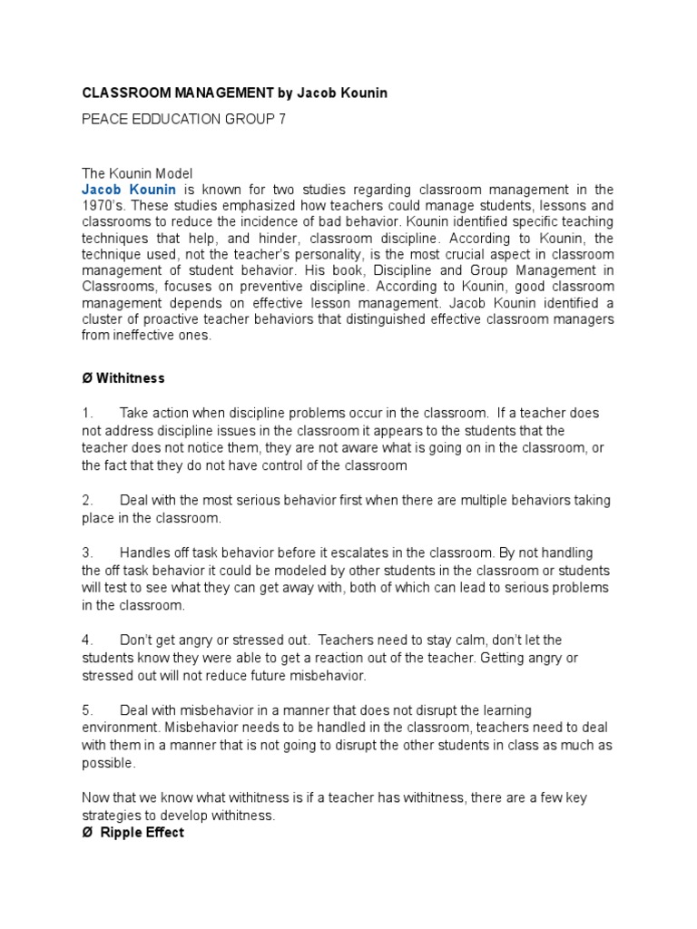 CLASSROOM MANAGEMENT by Jacob Kounin | PDF | Teachers | Classroom Management