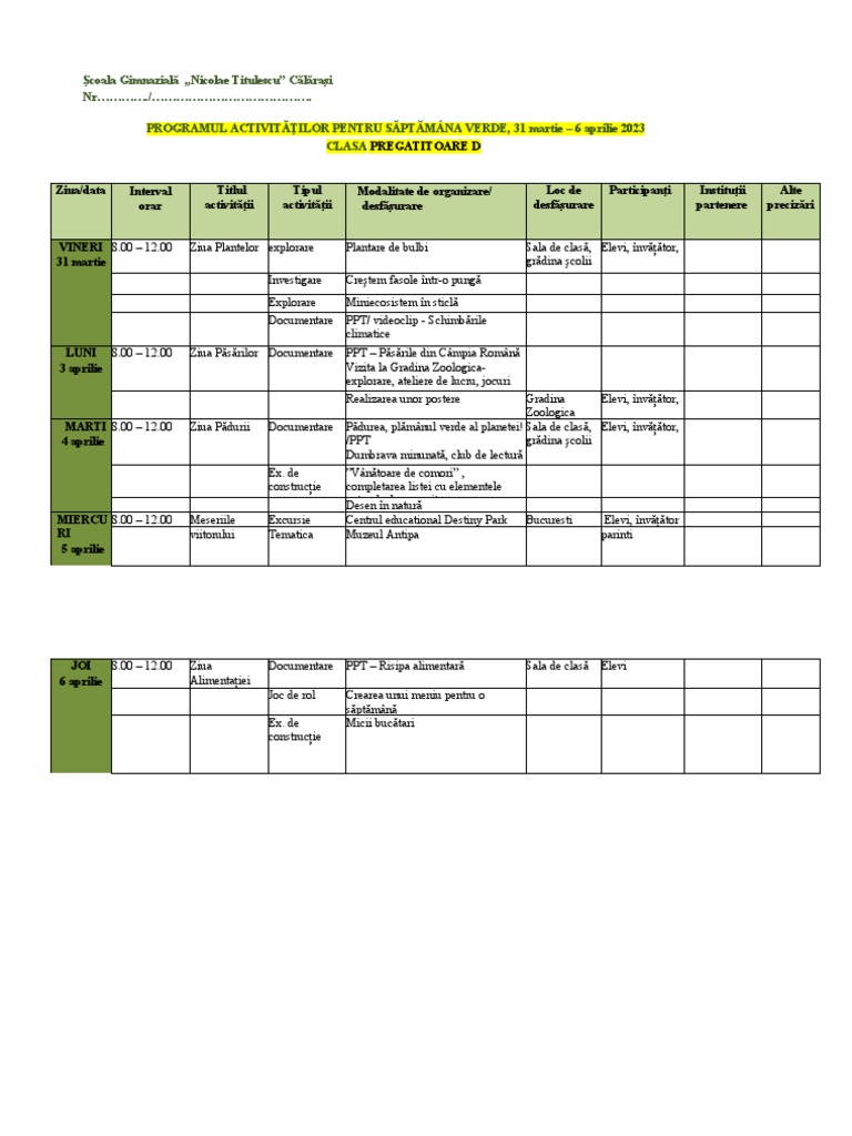 Program Saptamana Verde, A.Zglimbea | PDF