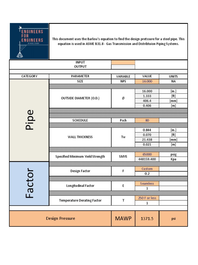 Barlow's Equation for ASME B31.8 Pipe | PDF | Applied And ...