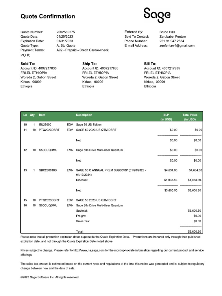 Sage Price Quote | PDF