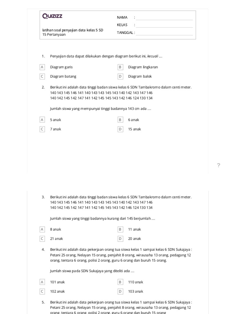 Latihan Soal Penyajian Data Kelas 5 SD PDF | PDF