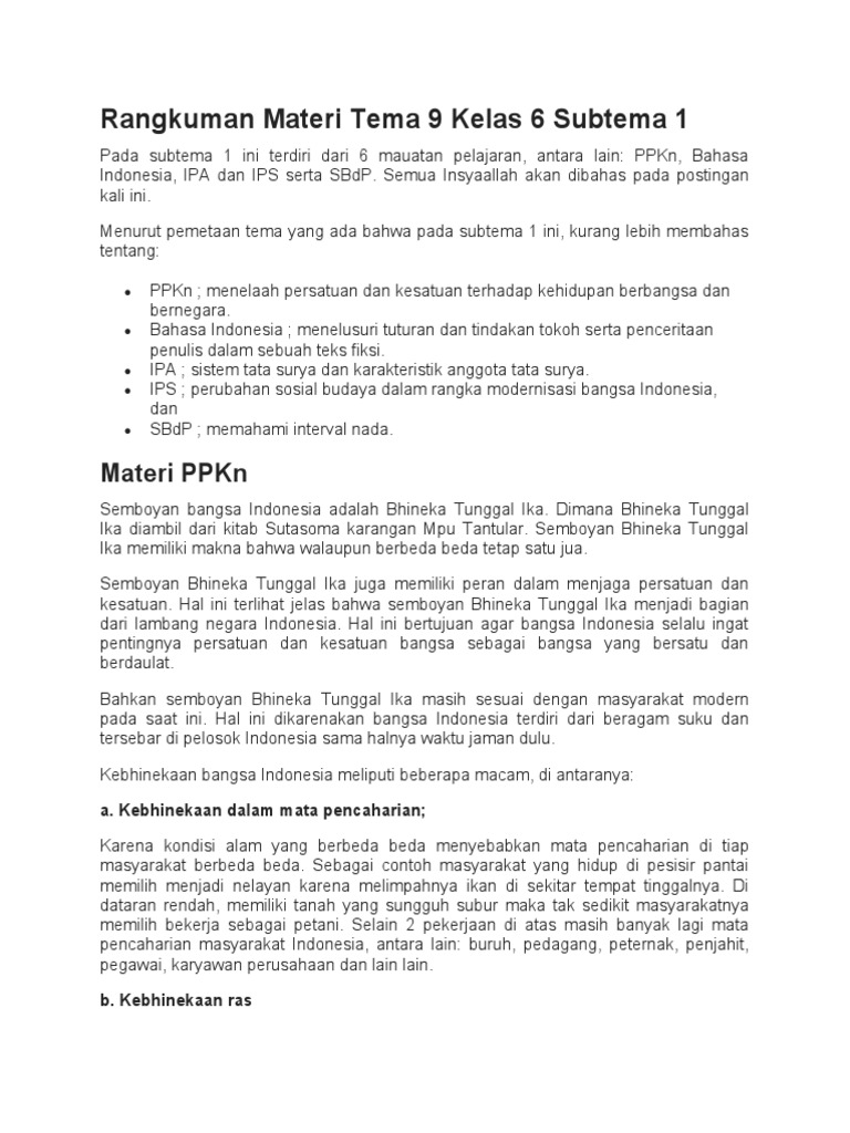 Rangkuman Materi Tema 9 Kelas 6 Subtema 1 | PDF