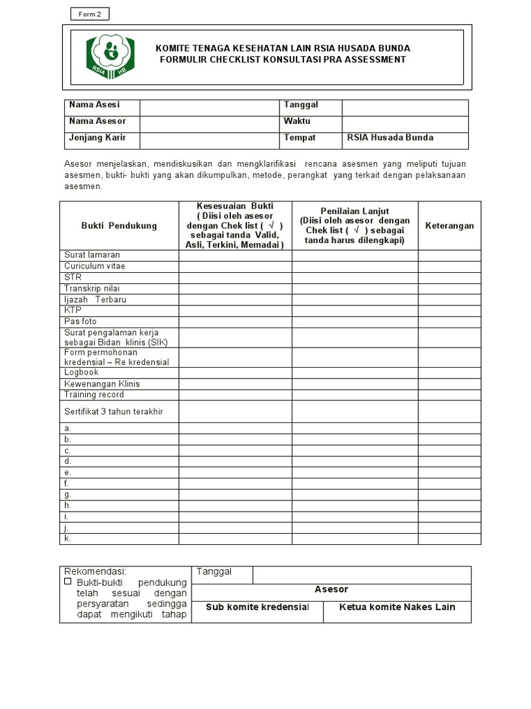Form Checklist Pra-Assesmen Kompetensi Tenaga Kesehatan Lain | PDF