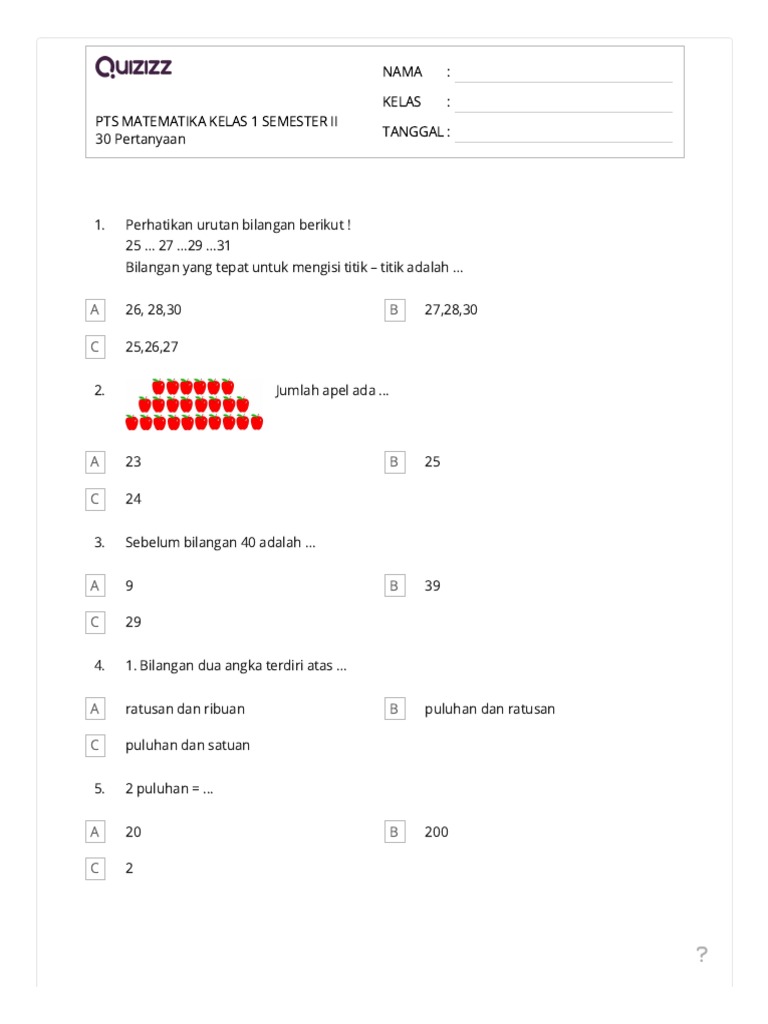 PTS Matematika Kelas 1 Semester Ii | PDF