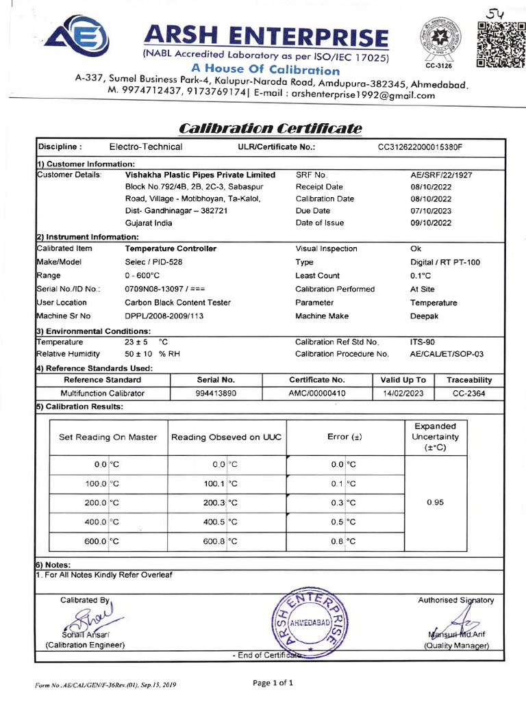 64-cbc Temp Controller Calibration Cartificate | PDF | Calibration ...