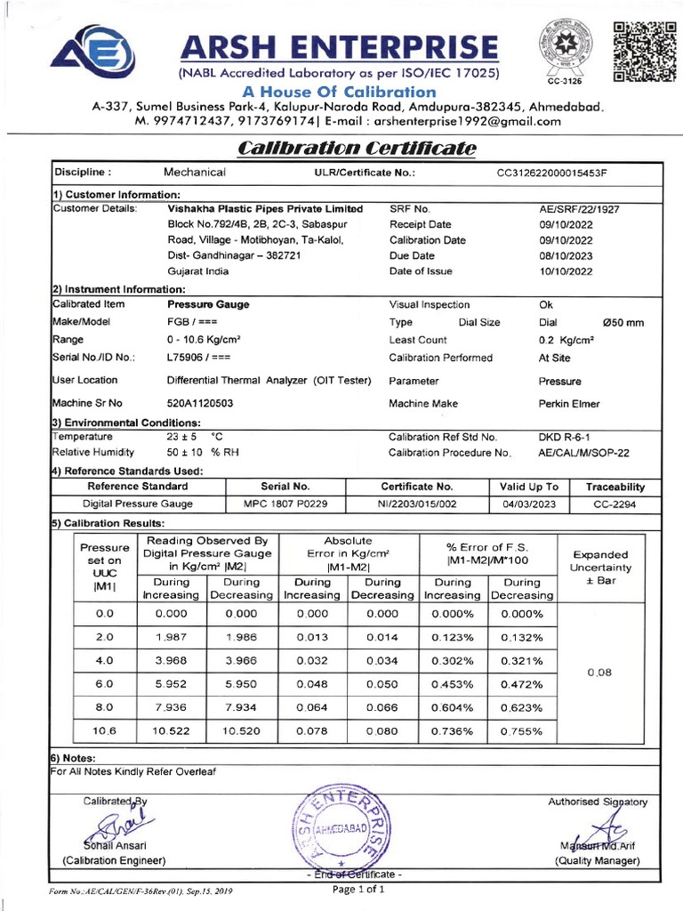 54-Pressure Gauge OIT Calibration Cartificate | PDF | Calibration | Science