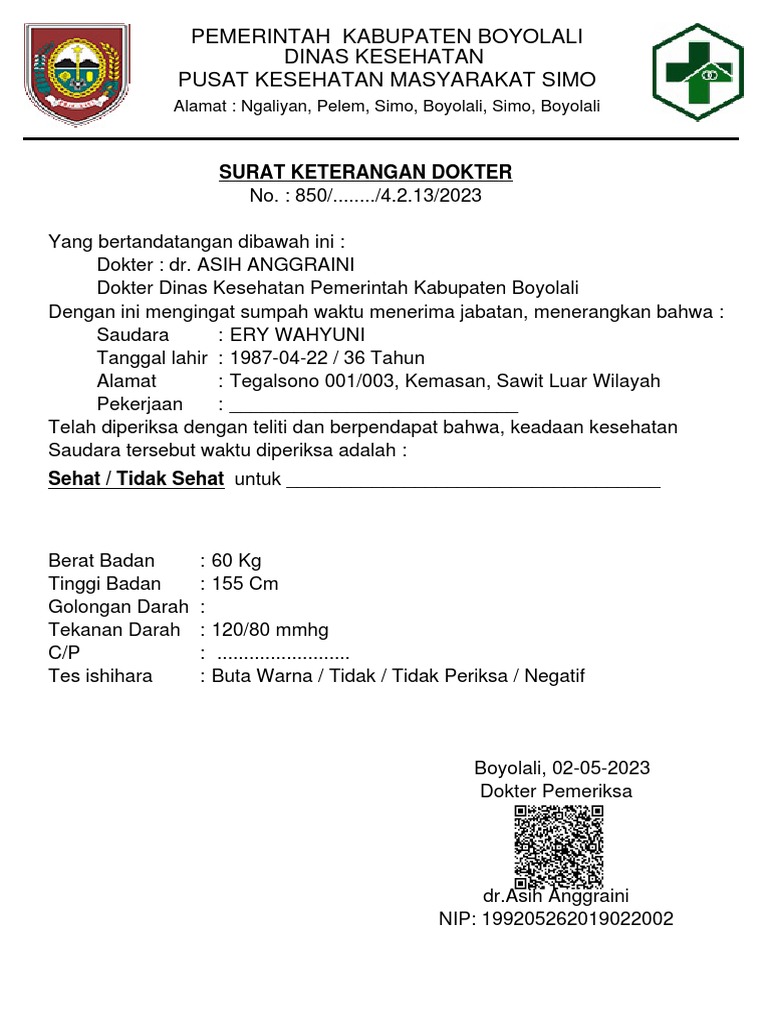 Surat Keterangan Dokter: Alamat: Ngaliyan, Pelem, Simo, Boyolali, Simo, Boyolali | PDF