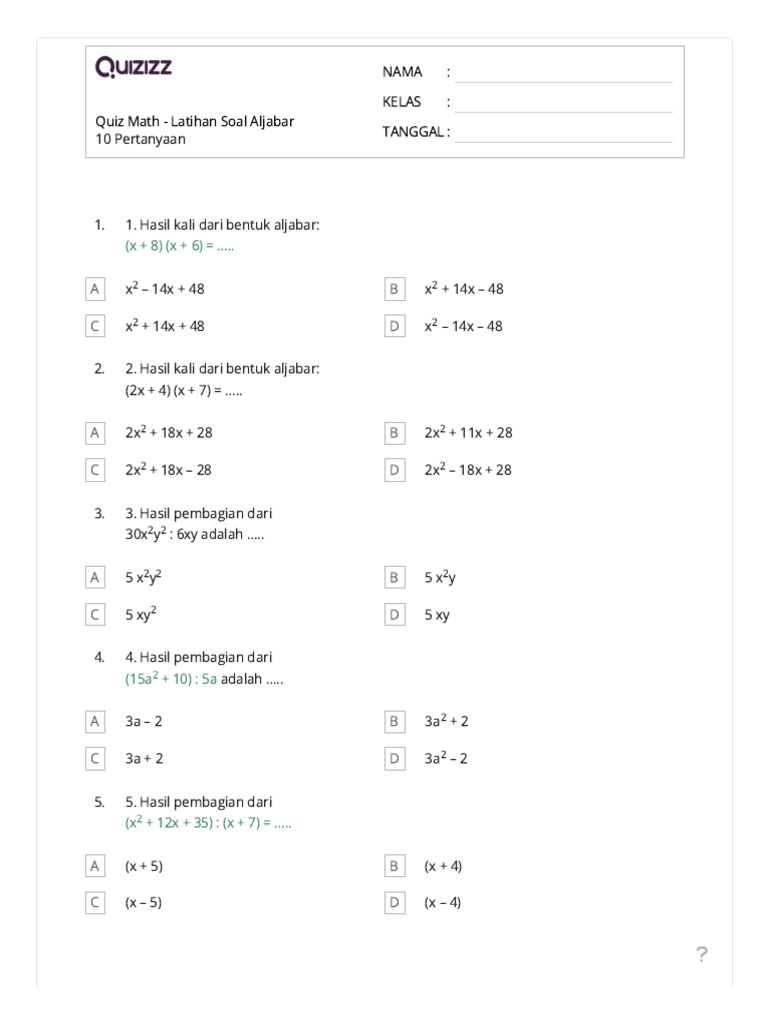 Quiz Math - Latihan Soal Aljabar | PDF