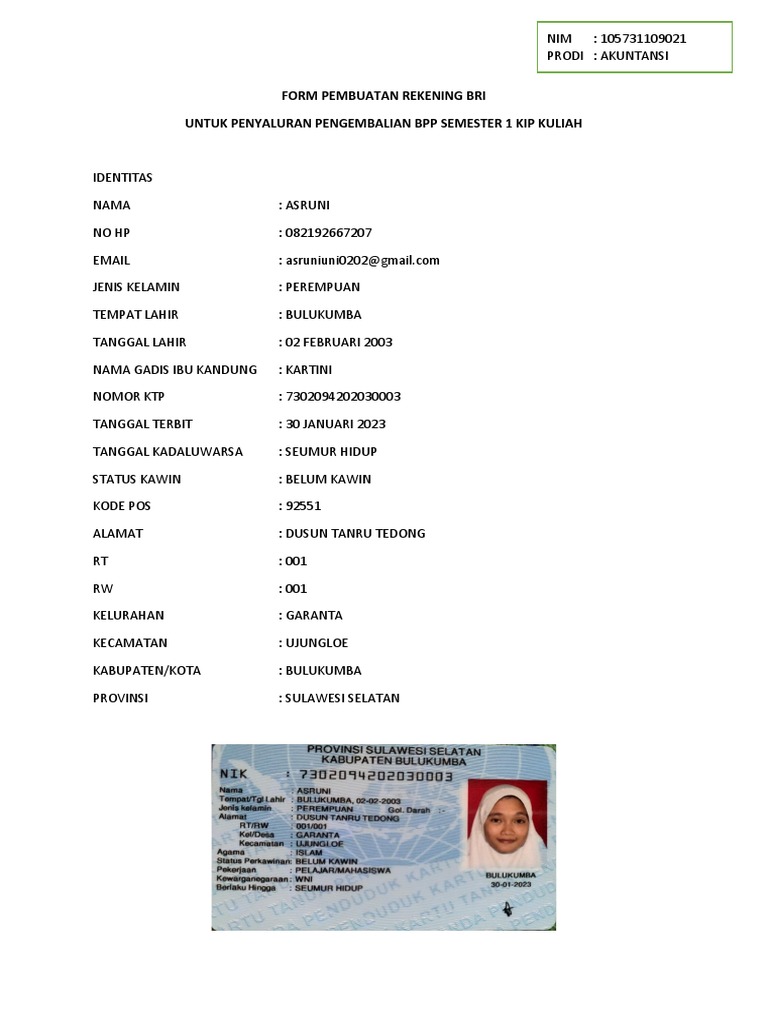 Form Pembuatan Rekening Bri (Asruni) | PDF