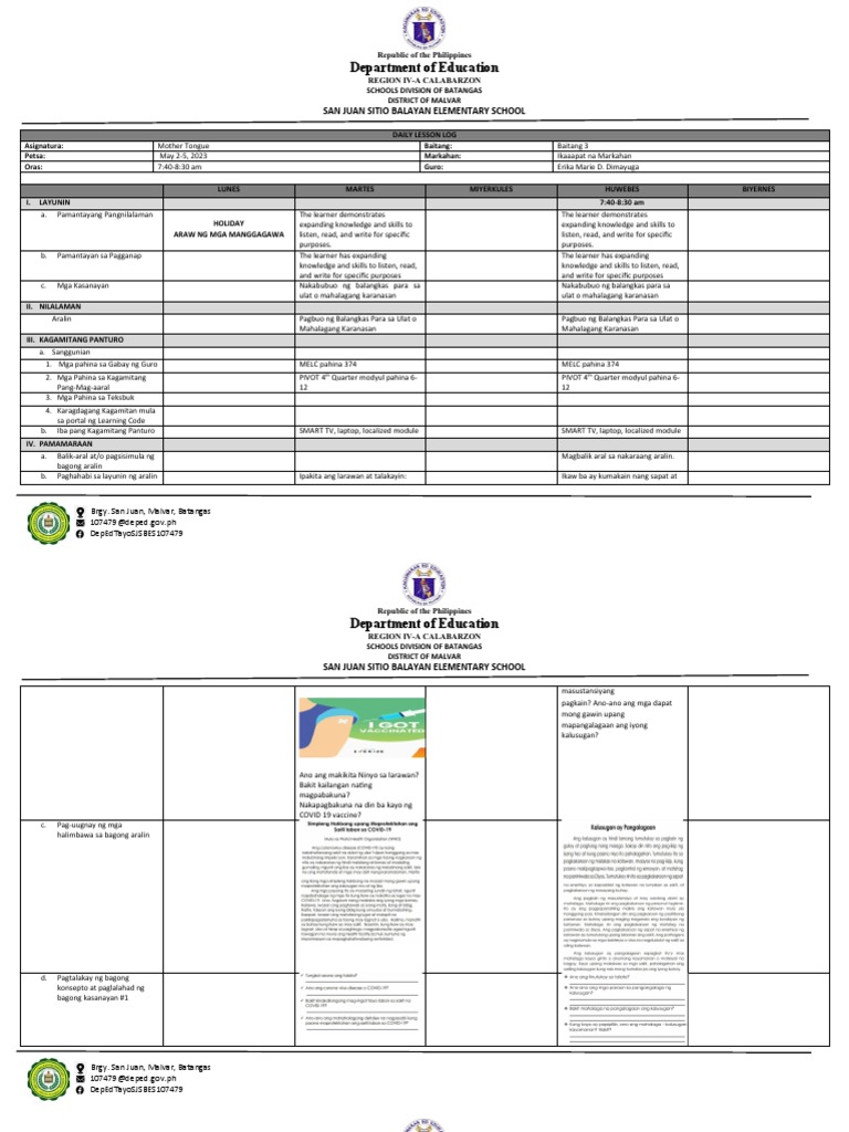 Department of Education: San Juan Sitio Balayan Elementary School | PDF