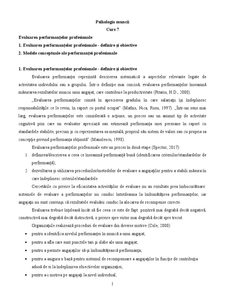 C7 Evaluarea performantelor profesionale - definire, obiective, modele conceptuale.doc | PDF