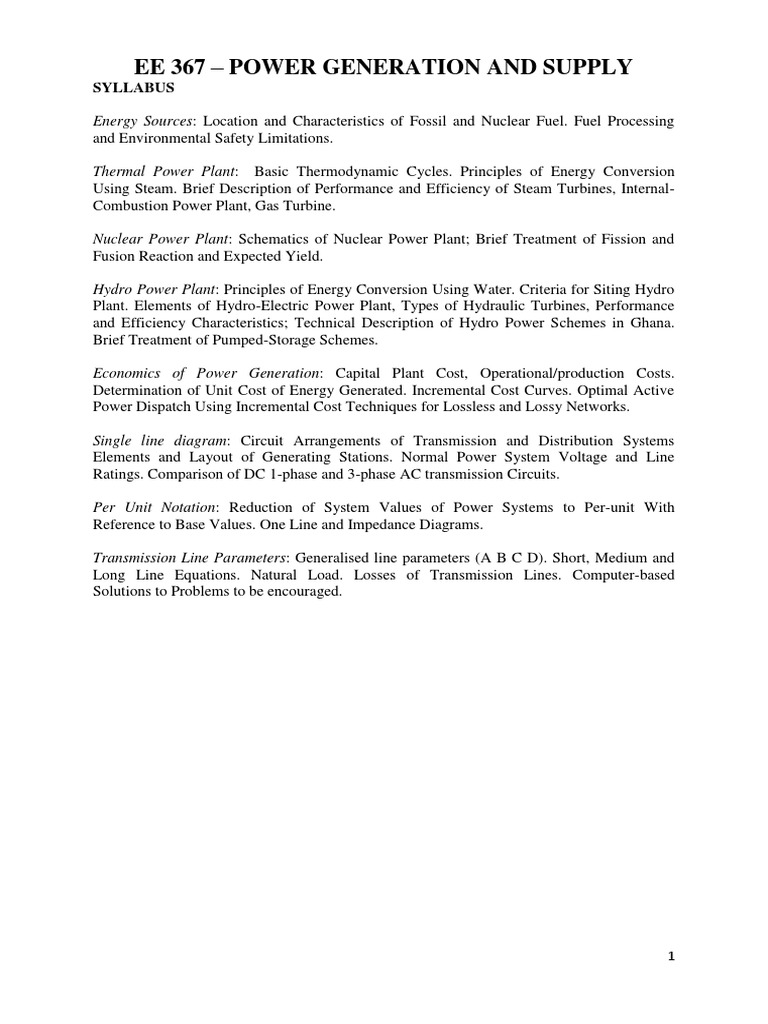 Ee 367-Power Generation& Supply - Idl Corrected 1 | PDF | Internal ...