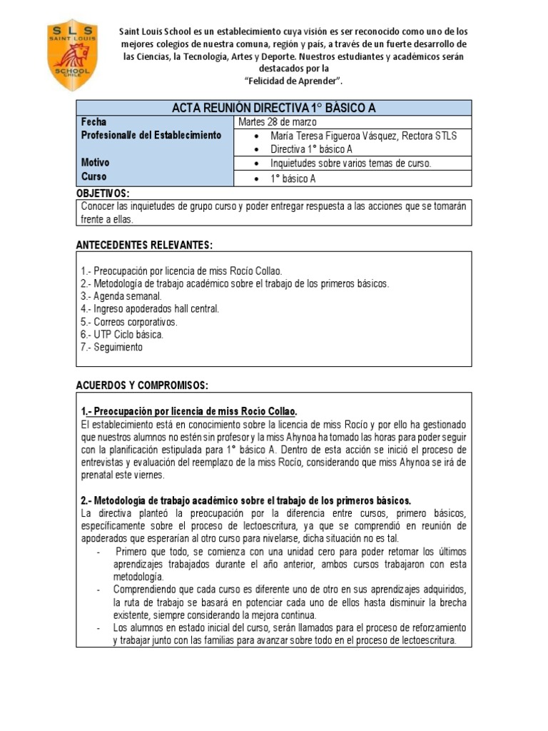 Minuta 1° Básico A | PDF