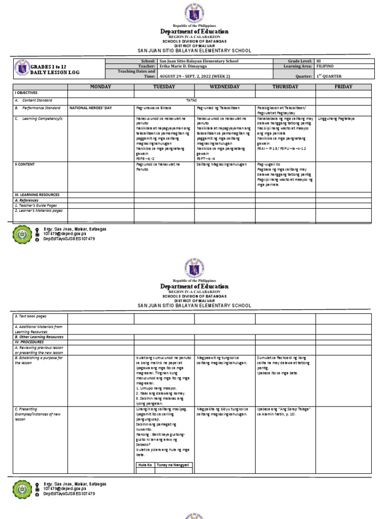 DLL - Filipino 3 - Q1 - W2 | PDF