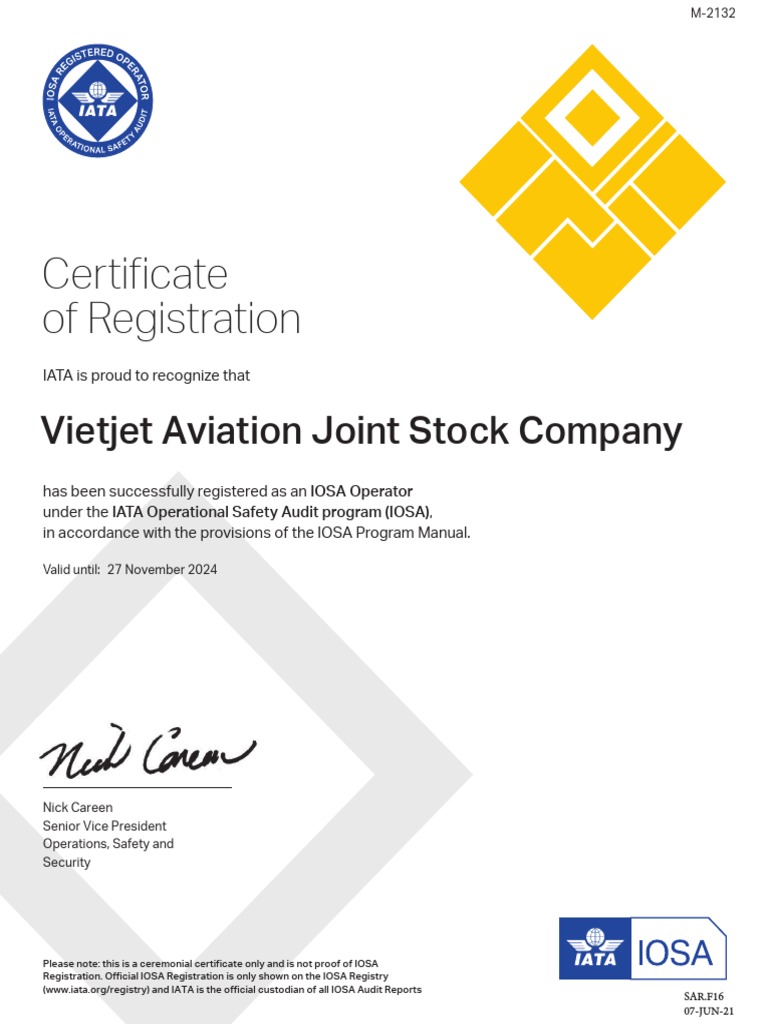 SAR.F16 - IOSA Registration Certificate - Vietjet Aviation Joint Stock ...