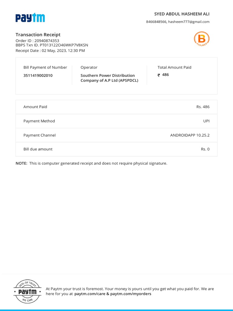 Payment Receipt for Electricity Bill of Rs. 486 to Southern Power Distribution Company of A.P ...