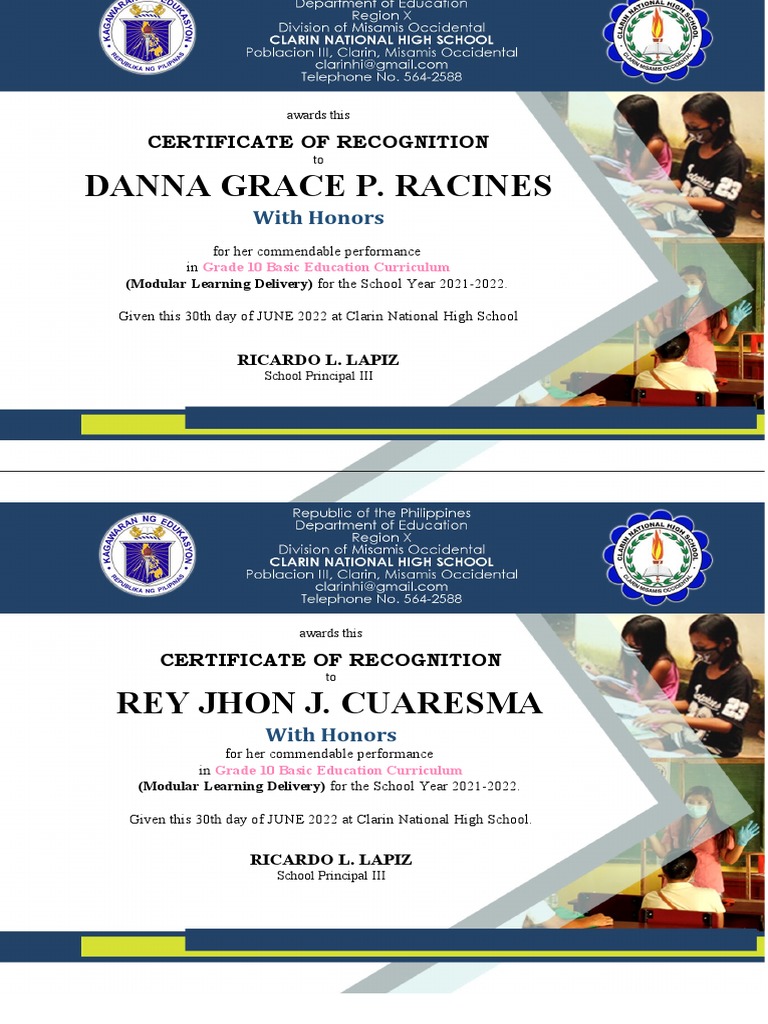 Clarin National High School Honors 2022 | PDF