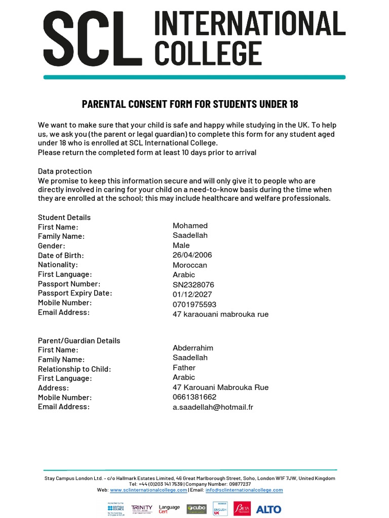SCL Parental Consent Form Under 18s - Edit PDF | PDF | Health Care | Medicine
