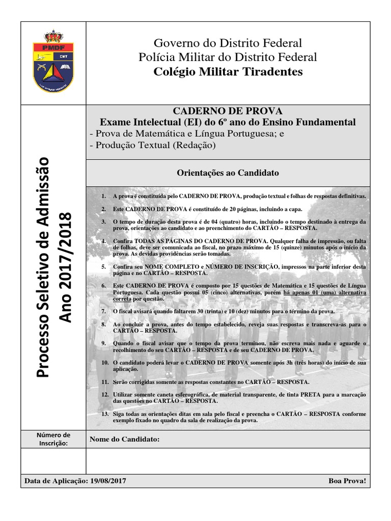 Caderno de Provas Processo Seletivo 2017 | PDF