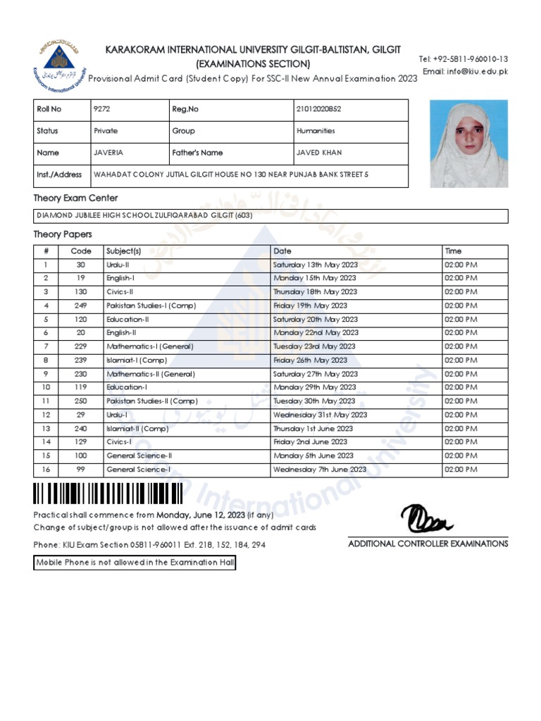 Student Admit Card - KIU Examination Board | PDF