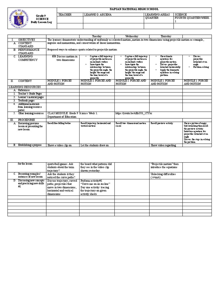 Grade 9 Projectile Motion DLL | PDF | Force | Mechanics