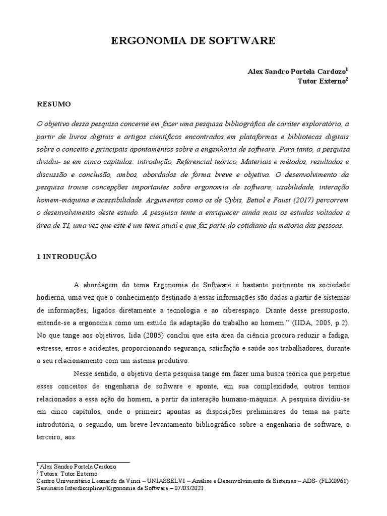 Paper Ergonomia de Software | PDF | Fatores humanos e Ergonomia | Usabilidade