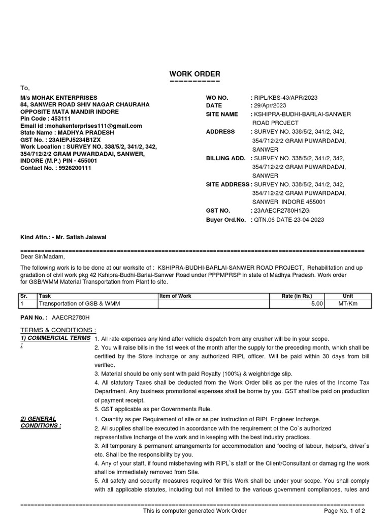 Work Order Transportation | PDF | Taxes | Indemnity