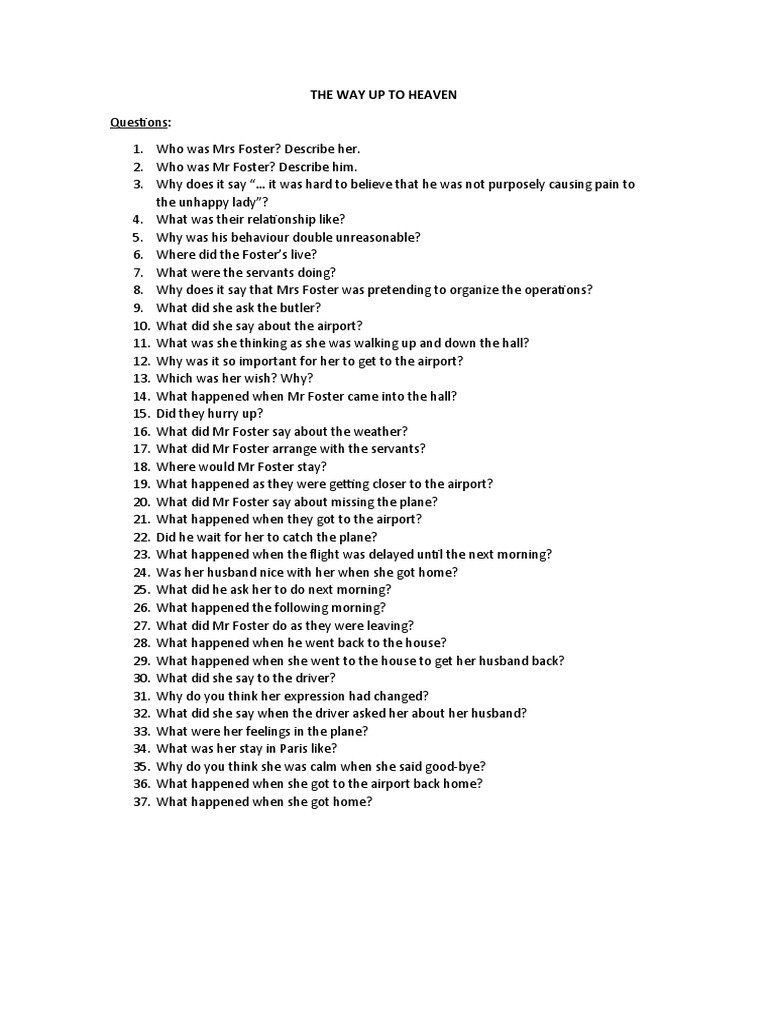 THE WAY UP TO HEAVEN Questions | PDF