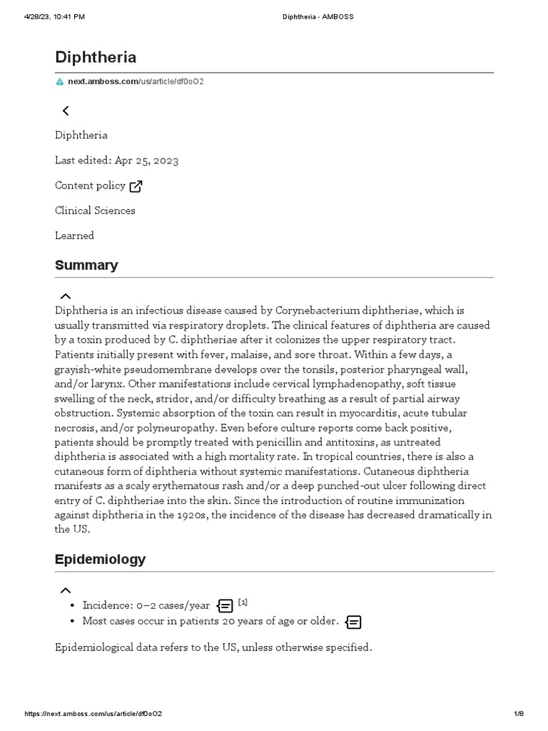 Diphtheria - AMBOSS | PDF | Medical Specialties | Public Health