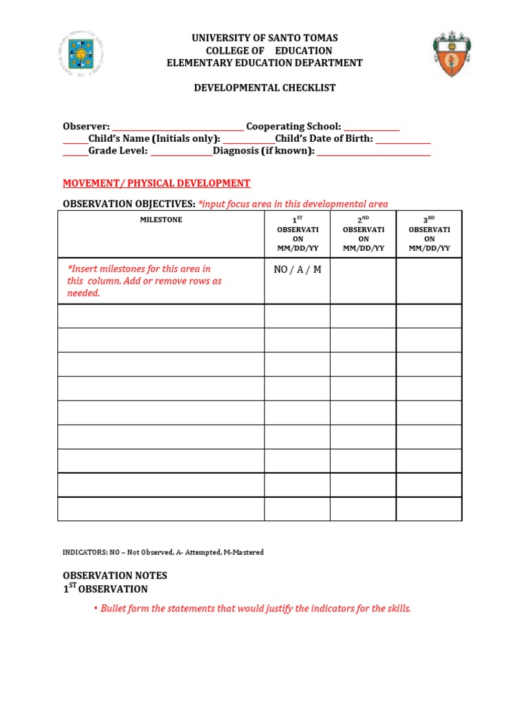 Revised Developmental Checklist Template Pdf Childhood Learning