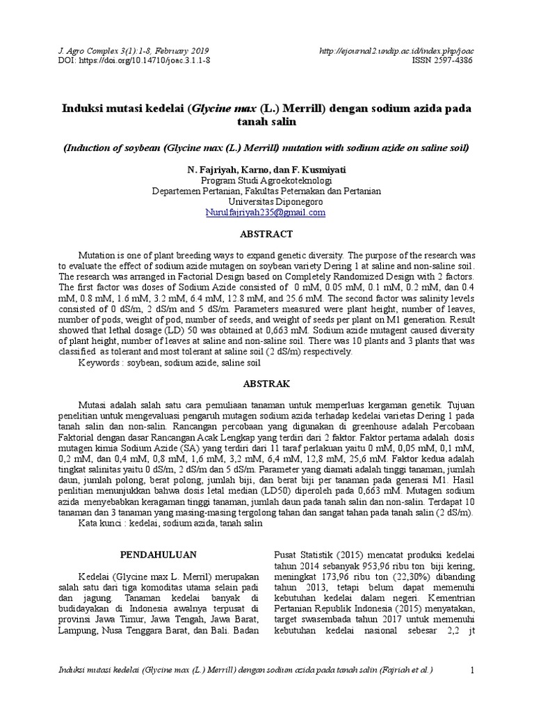 Induksi Mutasi Kedelai (Glycine Max (L.) Merrill) Dengan Sodium Azida ...