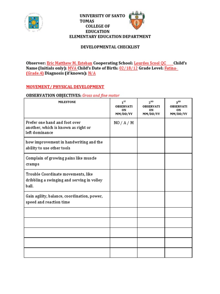 REVISED DEVELOPMENTAL CHECKLIST TEMPLATE | PDF | Neuroscience ...