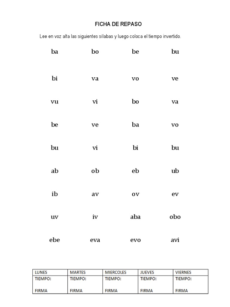 Ficha de repaso de sílabas y palabras con las letras B y V | PDF