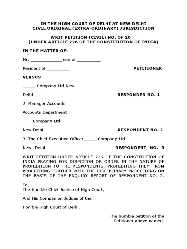 Writ Petition Seeking Writ of Prohibition From High Court Under Article 226 of Constitution To ...