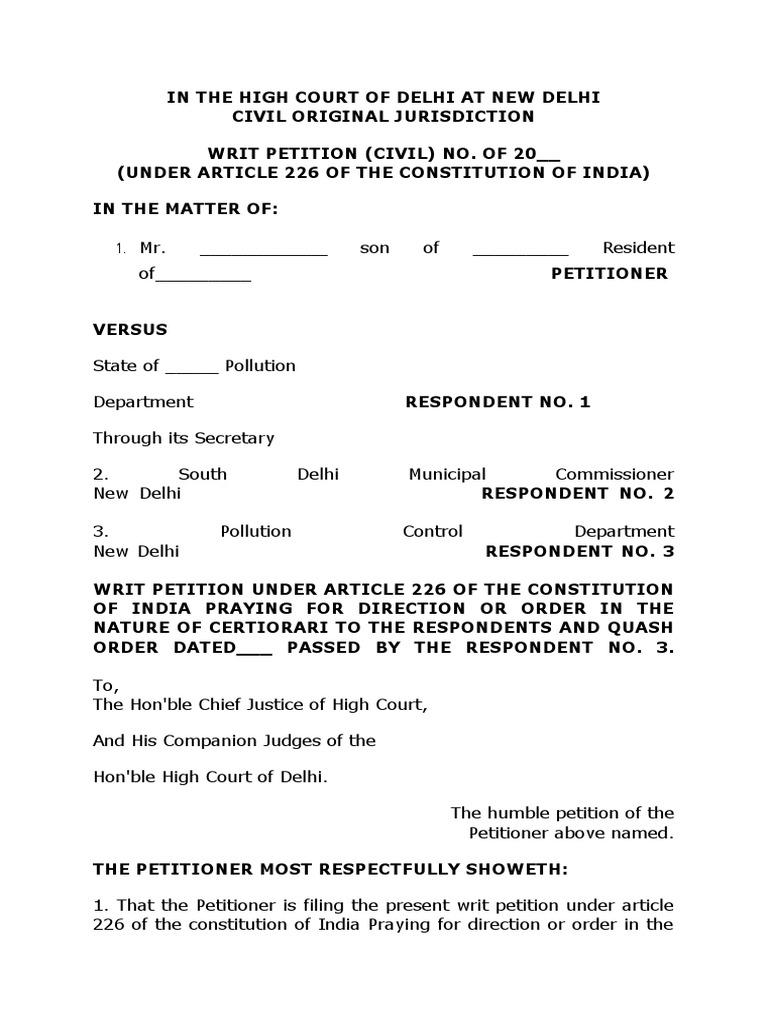 Writ Petition Seeking Writ of Certiorari in High Court Under Article 226 of Constitution To ...