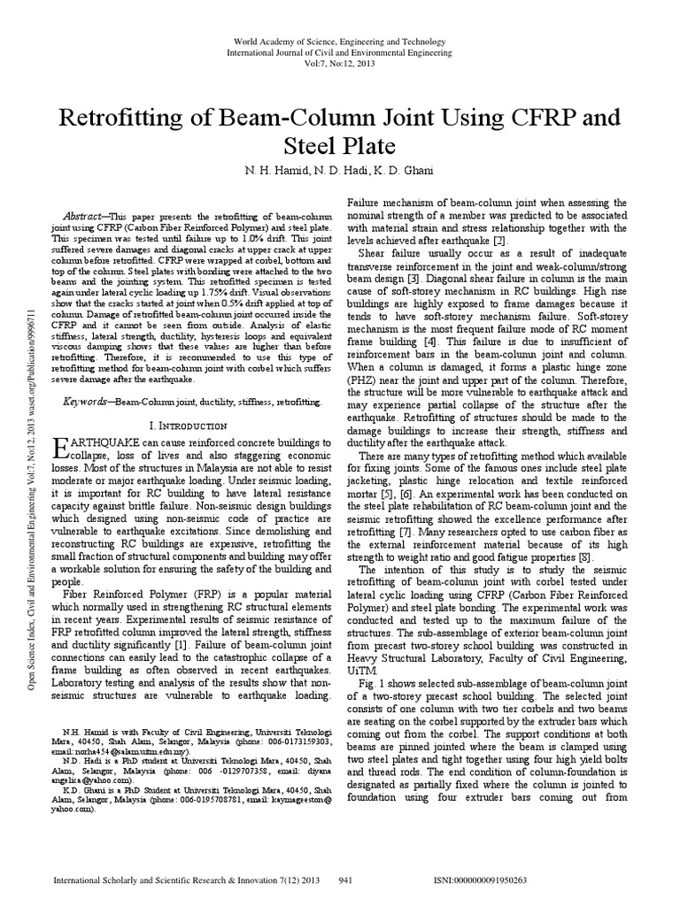 Retrofitting of Beam Column Joint Using CFRP and Steel Plate | PDF ...