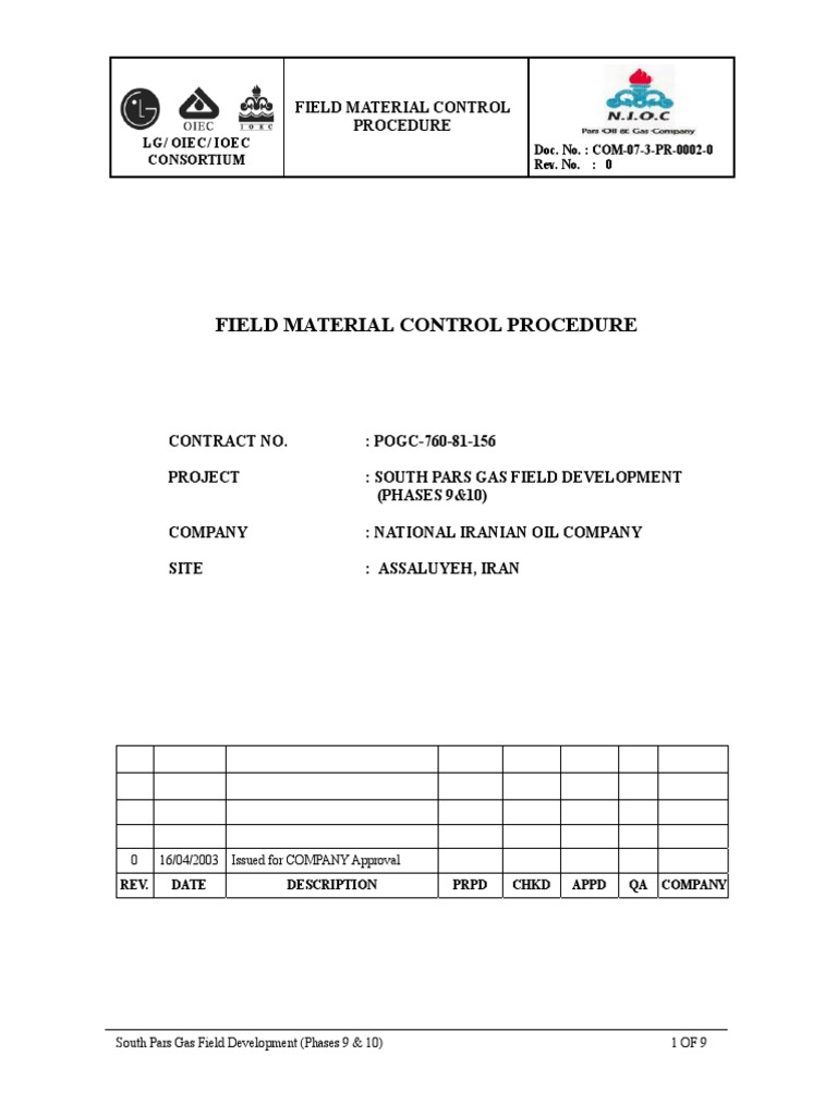 Com 07 3 PR 0002 Rev.0 (Field Material Control Procedure) (Gen | PDF | Specification (Technical ...