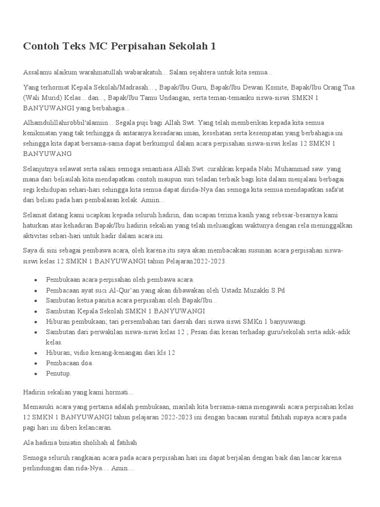 Contoh Teks MC Perpisahan Sekolah 1 | PDF