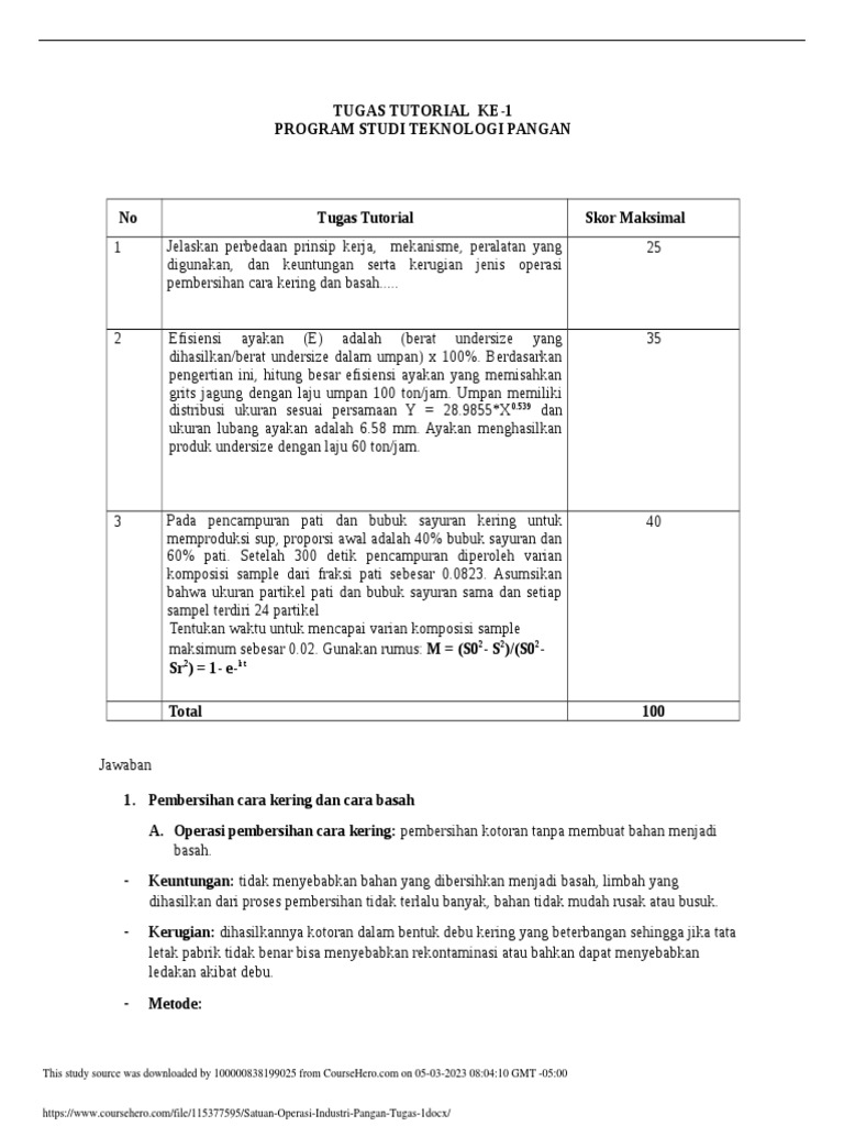 Satuan Operasi Industri Pangan Tugas 1 | PDF