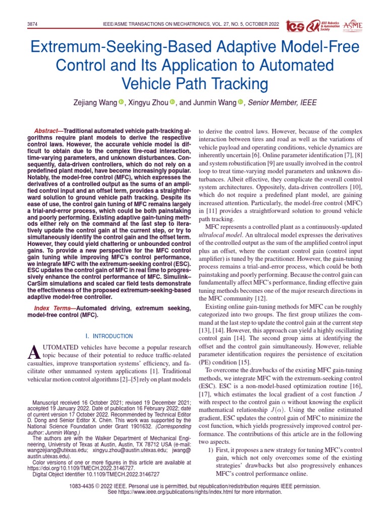 Extremum Seeking Based Adaptive Model Free Control And Its Application To Automated Vehicle Path