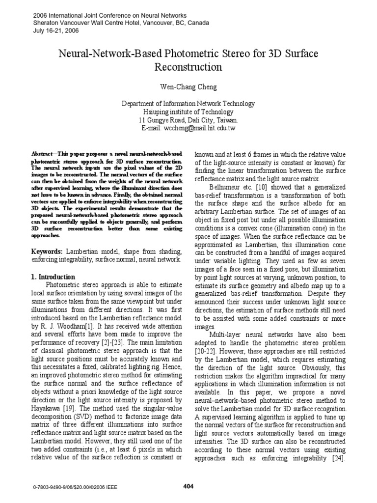Neural-Network-Based Photometric Stereo For 3D Surface Reconstruction | PDF | Artificial Neural ...