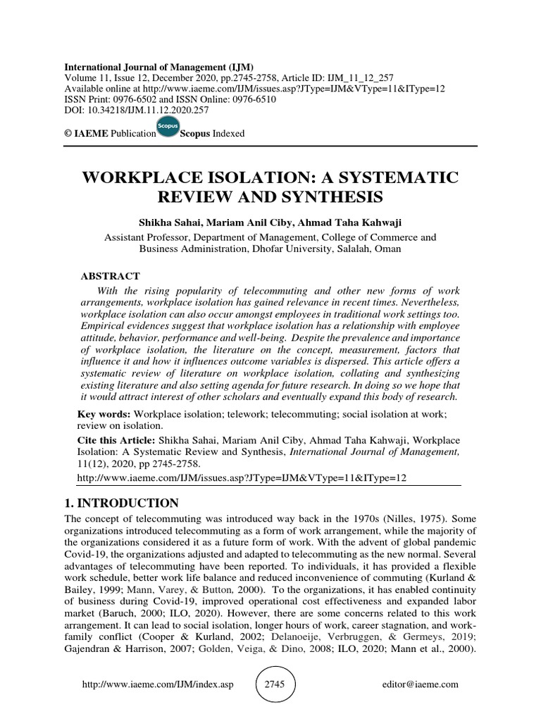 Workplace Isolation A Systematic Review | PDF | Job Satisfaction ...