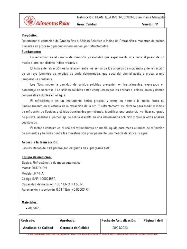 Determinacion de Grados Brix e Indice de Refraccion | PDF | Sustancias químicas | Química Física